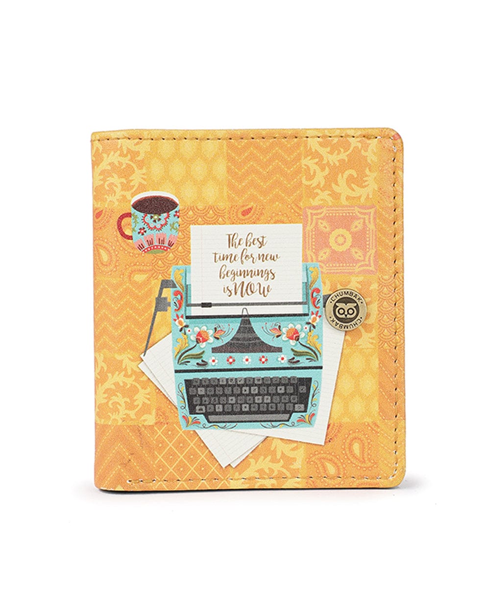 Floral Typewriter Yellow Printed Snap Button Wallet